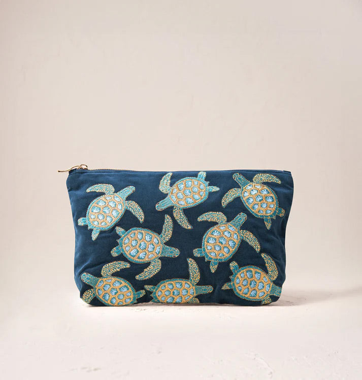 Turtle Pouch – Marine Navy Velvet Eco Accessory Bag – Protect the Planet